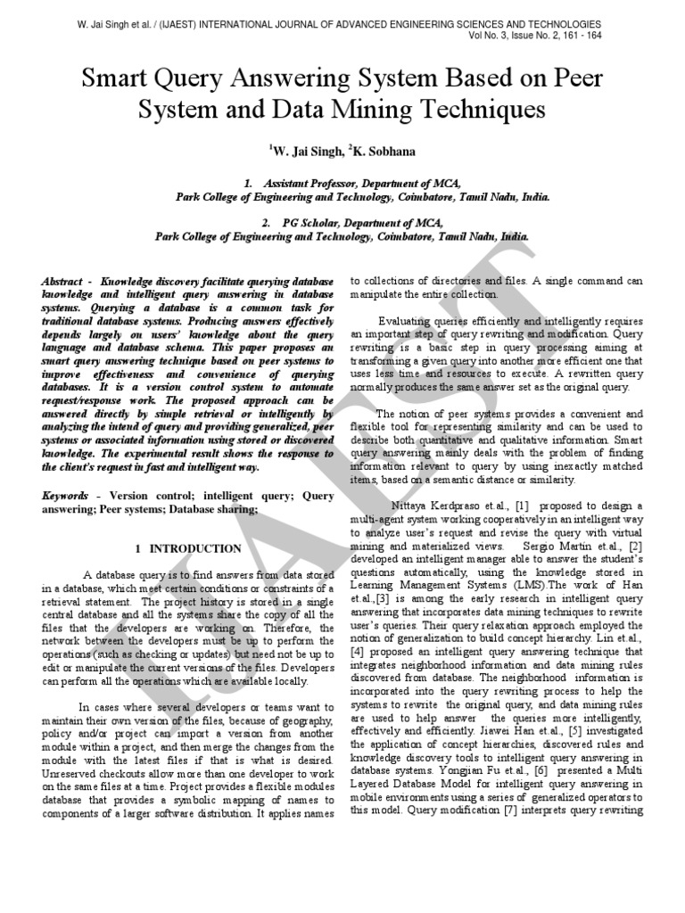 12 Ijaest Volume No 3 Issue No 2 Smart Query Answering System Based On Peer System And Data