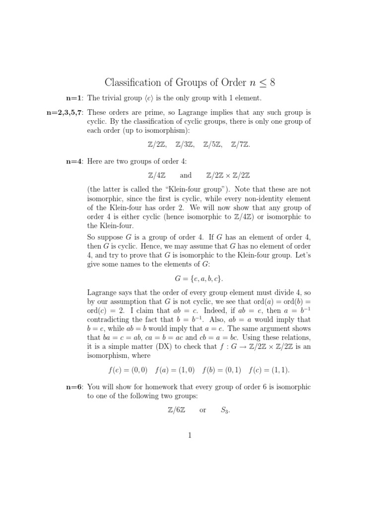 Classification of Groups of Order N 8 | PDF | Mathematical Concepts ...
