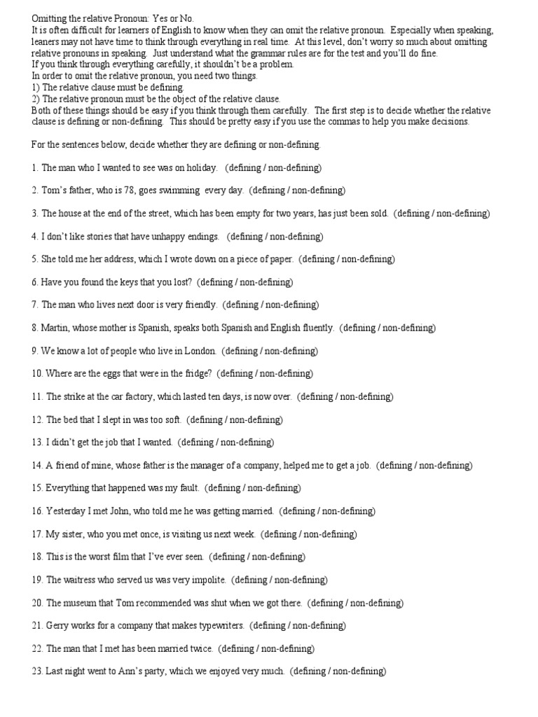 Omitting The Relative Pronoun | PDF | Subject (Grammar) | Pronoun