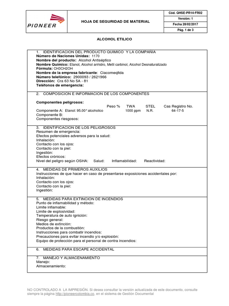 Msds Alcohol Etilico | PDF | Etanol | Química