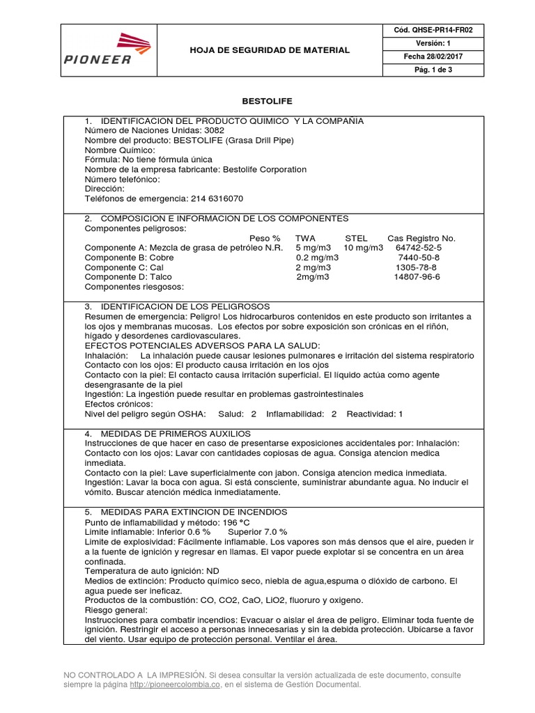 MSDS Bestolife | PDF | Combustión | Agua