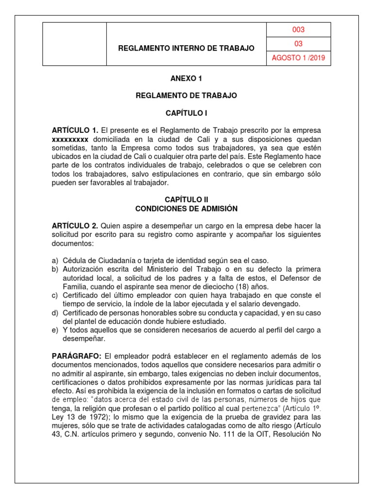 Modelo REGLAMENTO INTERNO DE TRABAJO | PDF | Salario | Tiempo de trabajo
