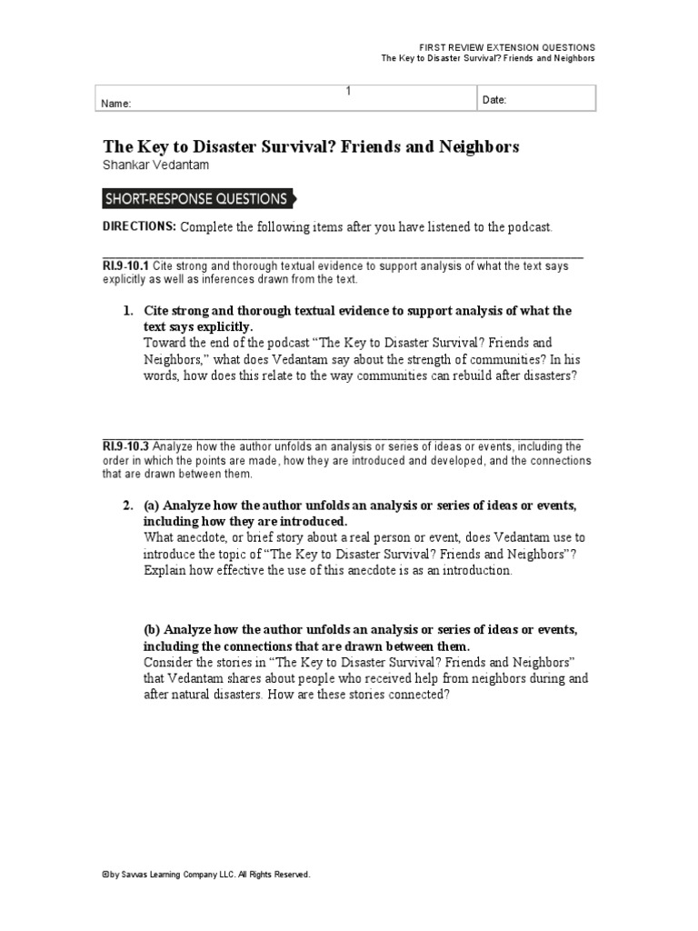 The Key To Disaster Survival Short Response Questions. | PDF