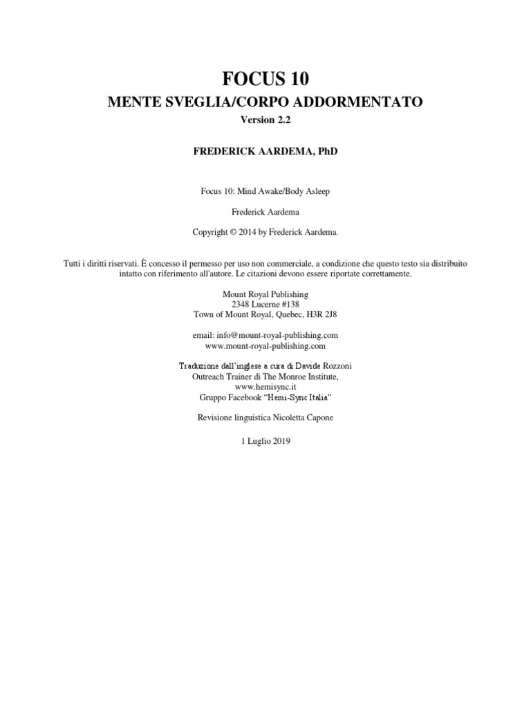 Focus 10 Mente Sveglia - Corpo Addormentato - Frederick Aardema | PDF