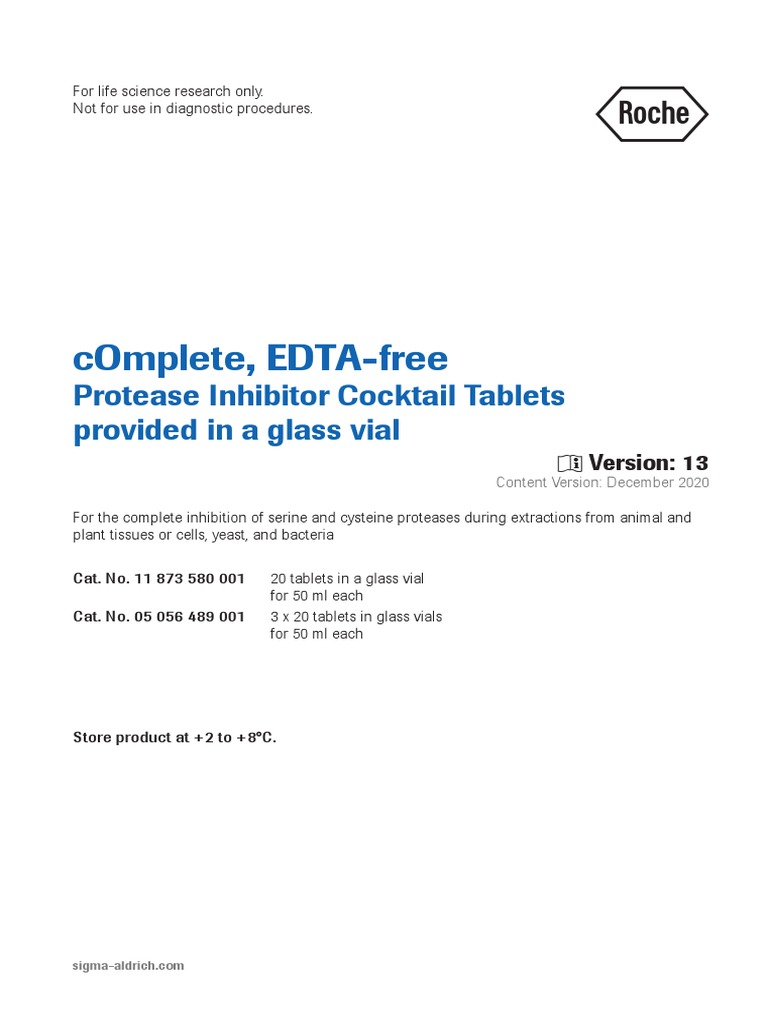 Complete, Edta-Free: Protease Inhibitor Cocktail Tablets Provided in A ...