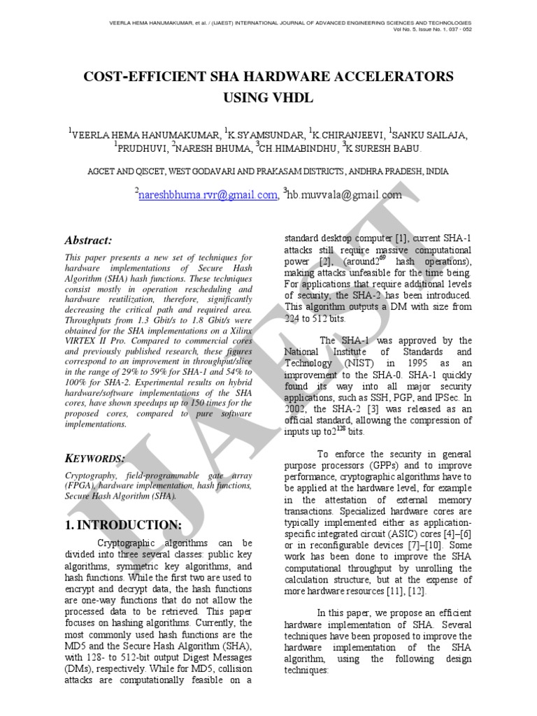 5.ijaest Vol No 5 Issue No 1 Cost Efficient Sha Hardware Accelerators Using VHDL 037 052 | PDF