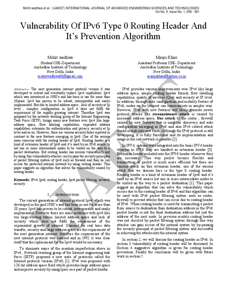 Ijaest: Vulnerability of Ipv6 Type 0 Routing Header and It'S Prevention Algorithm | PDF | I Pv6 ...