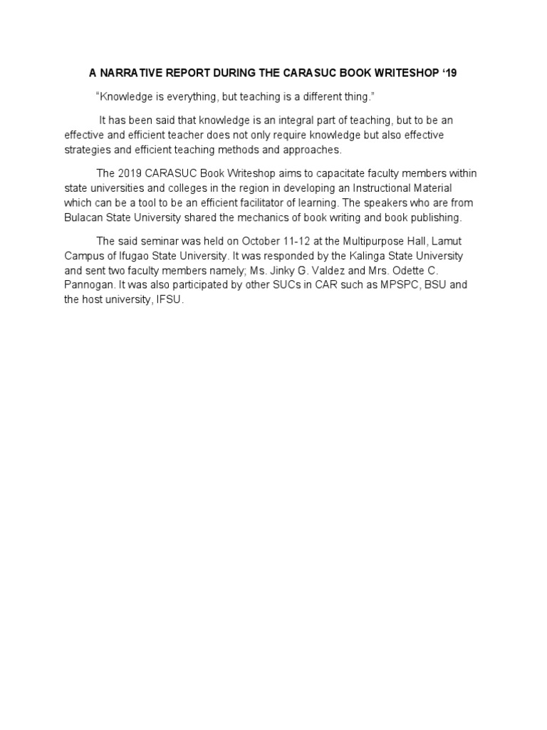 A Narrative Report During The Carasuc Book Writeshop | PDF