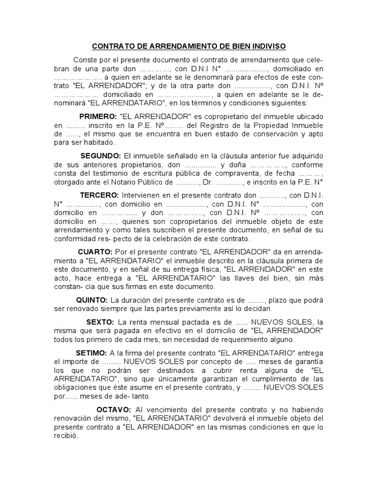 Contrato de Arrendamiento de Bien Indiviso | PDF | Derecho privado ...