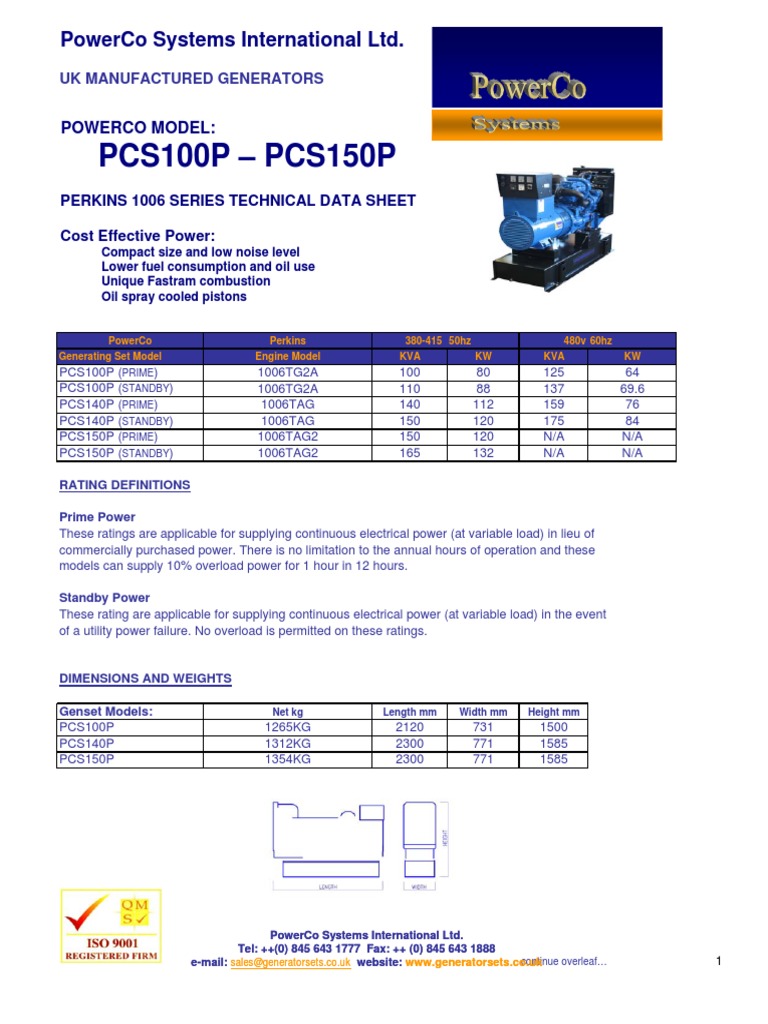 Perkins Data Sheet PCS100-150P | PDF | Machines | Vehicle Technology