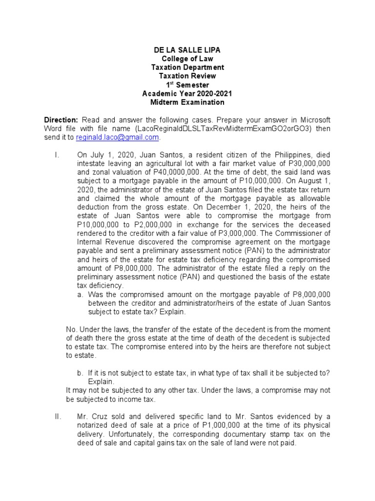 Laco Reginald DLSLTax Rev Midterm Exam GO2 or GO3 | PDF | Taxes ...