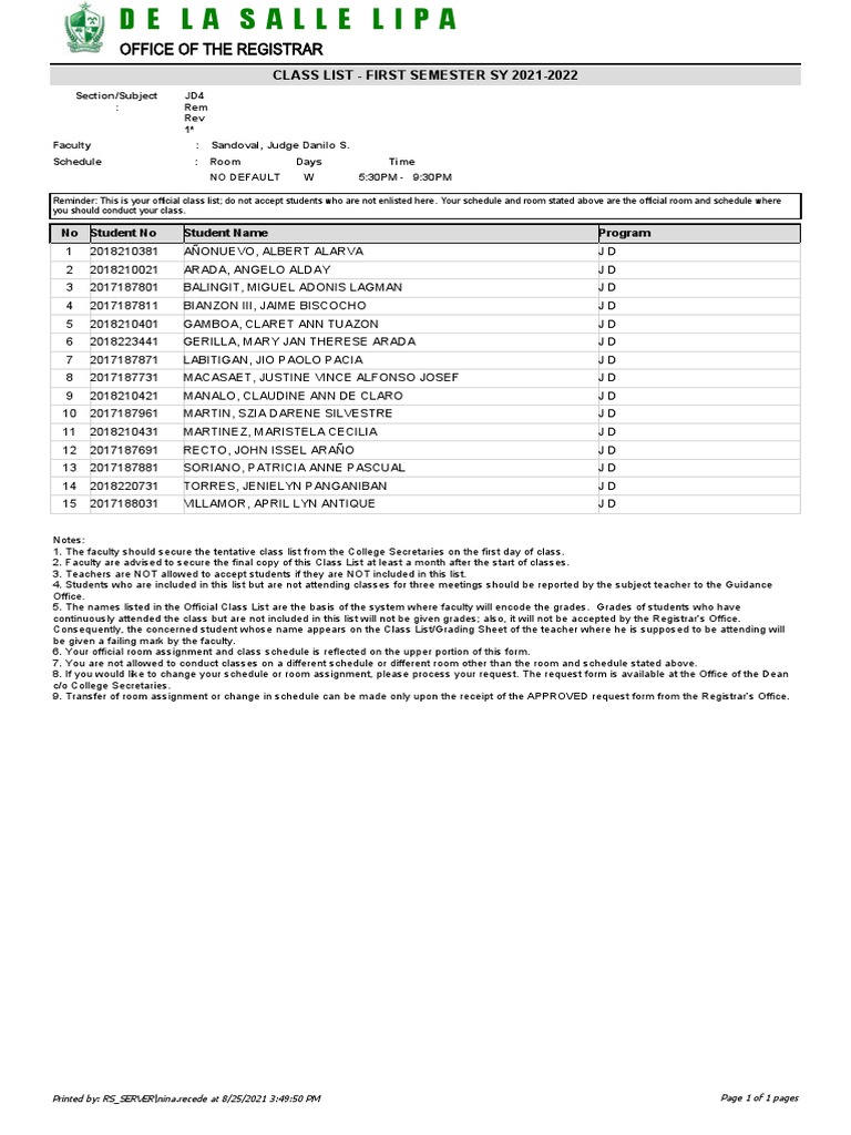 Rem Law Rev 1 Classlist | PDF | Academia | Academic Administration
