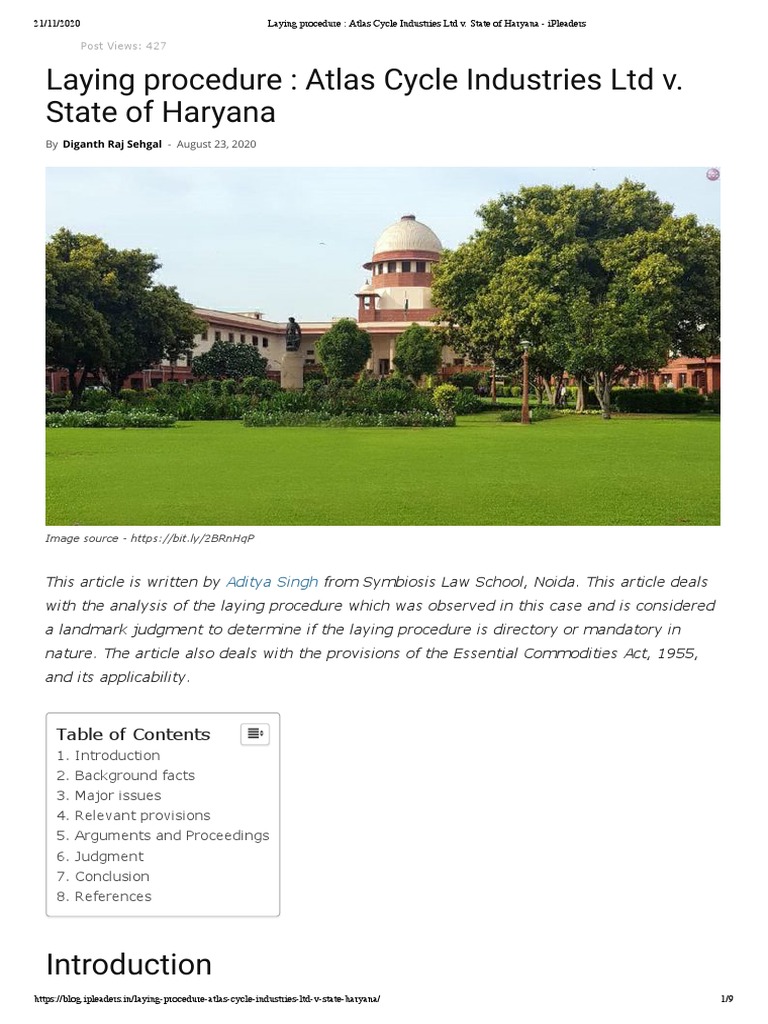 Laying Procedure - Atlas Cycle Industries LTD v. State of Haryana - Ipleaders | PDF | By Law ...
