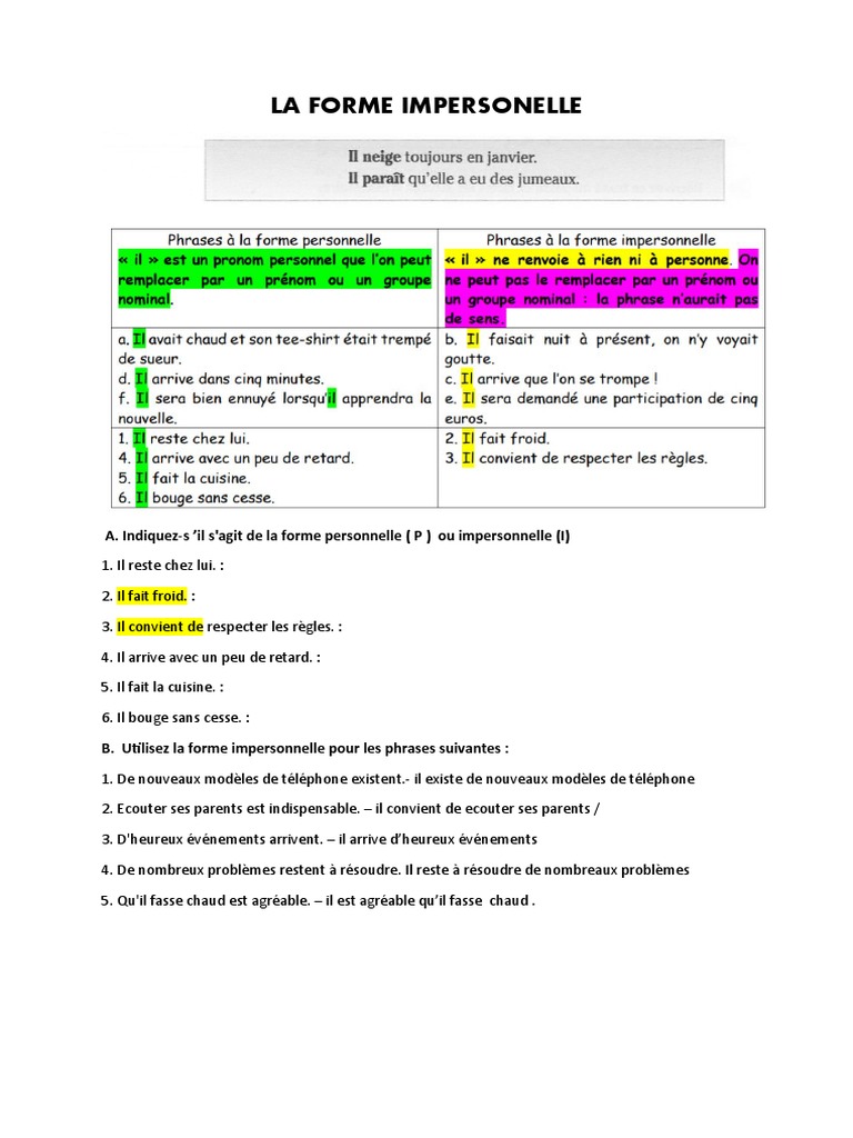 Exercices sur la forme impersonnelle | PDF