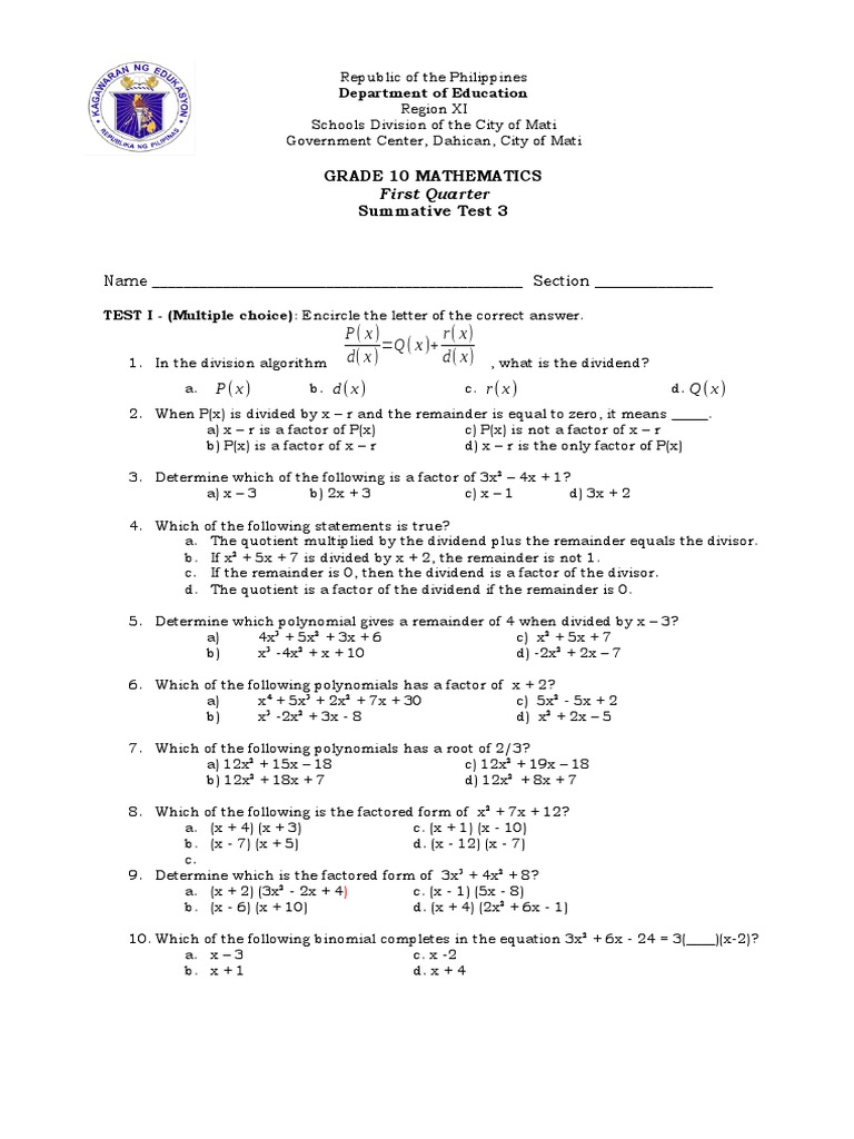Mathematics Division: Analyzing Long and Synthetic Division Problems on ...