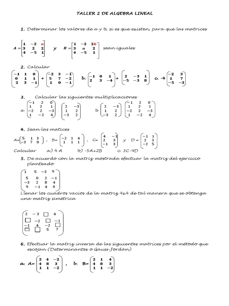 Taller 2 de Algebra Lineal-2021-1 | PDF | Matriz (Matemáticas) | Relaciones matematicas