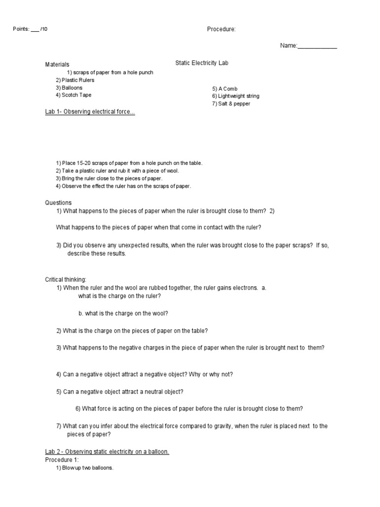 Static Electricity Lab Activities | PDF | Electric Charge | Force