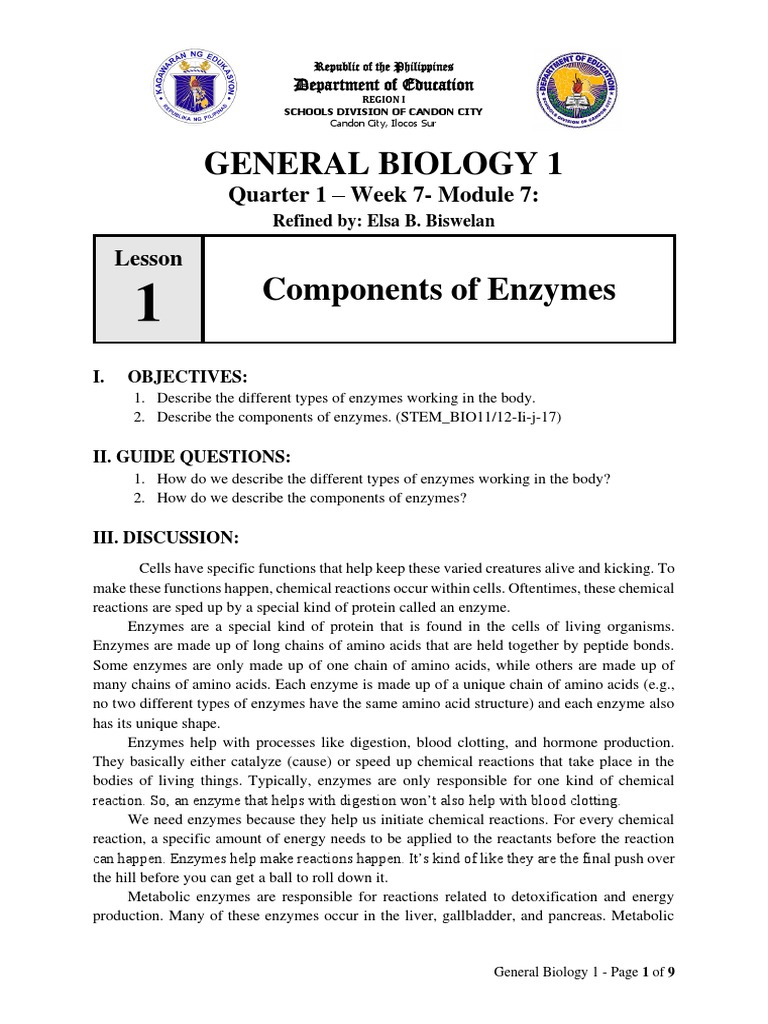 General-Biology-1 Q1 W7 M7 LDS Enzymes ALG RTP | PDF | Enzyme | Digestion