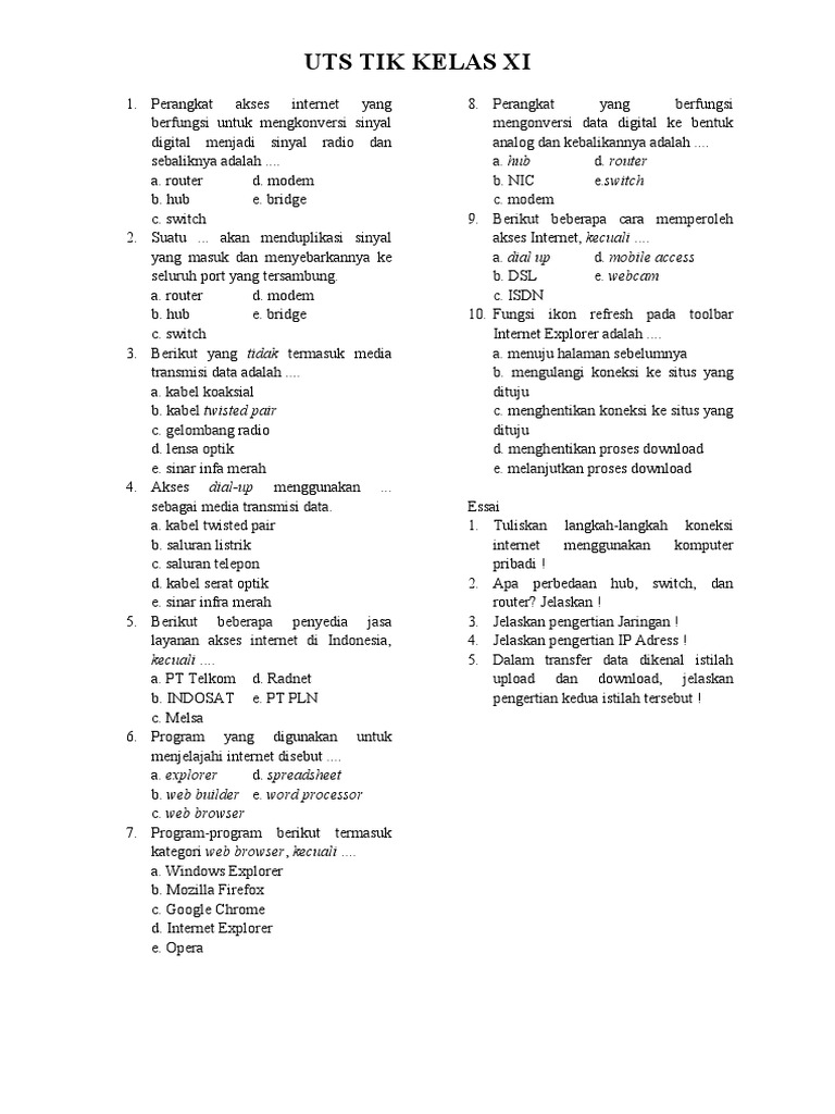 Soal UTS TIK Kelas XI: Internet & Jaringan | PDF | Seni | Komputer