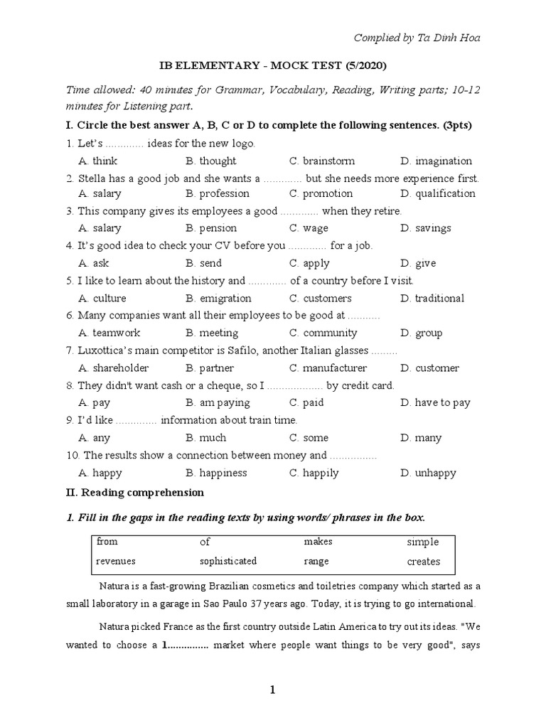 IB Mock Test for Elementary Students | PDF | Swot Analysis
