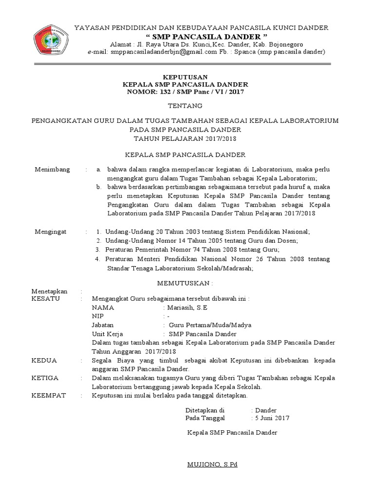 Pengangkatan Kepala Laboratorium SMP Pancasila | PDF