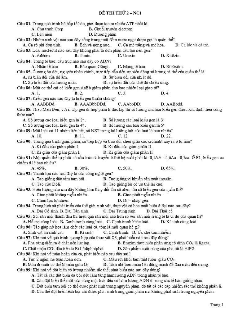 De Thi Thu Sinhhoc 2 NC1 | PDF