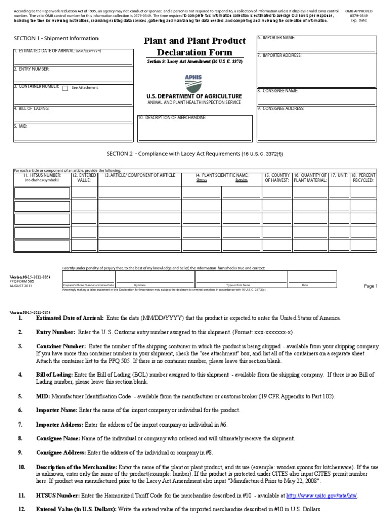 Plant and Plant Product Declaration Form: SECTION 1 - Shipment Information | PDF | Recycling ...