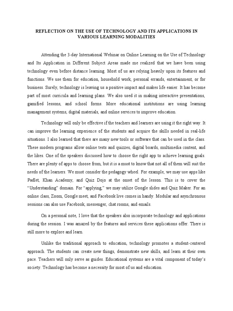 Reflection On The Use of Technology and Its Applications in Various Learning Modalities | PDF