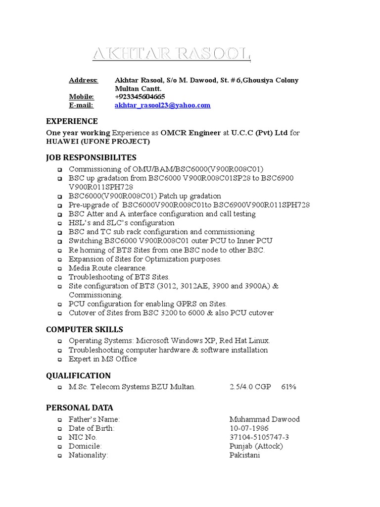 OMCR Engineer Resume - Akhtar Rasool | PDF