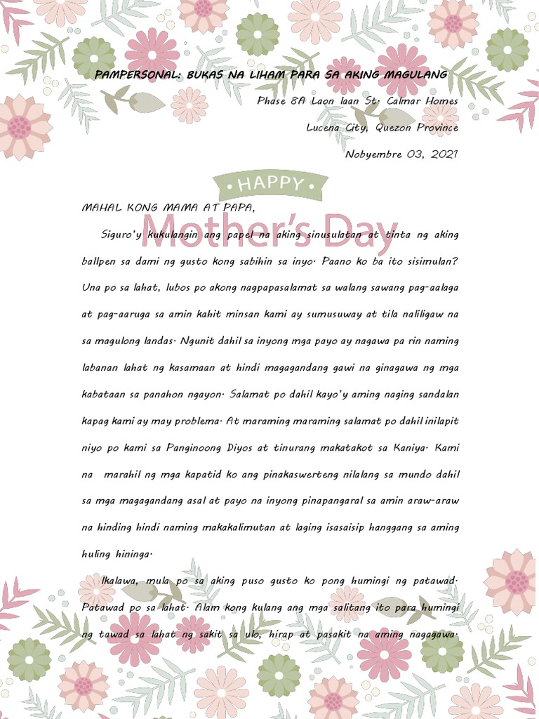 Pampersonalbukas NG Liham para Sa Aking Magulang | PDF