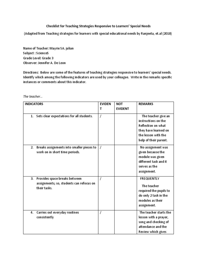 Checklist For Teaching Strategies Responsive To Learners' Special Needs ...