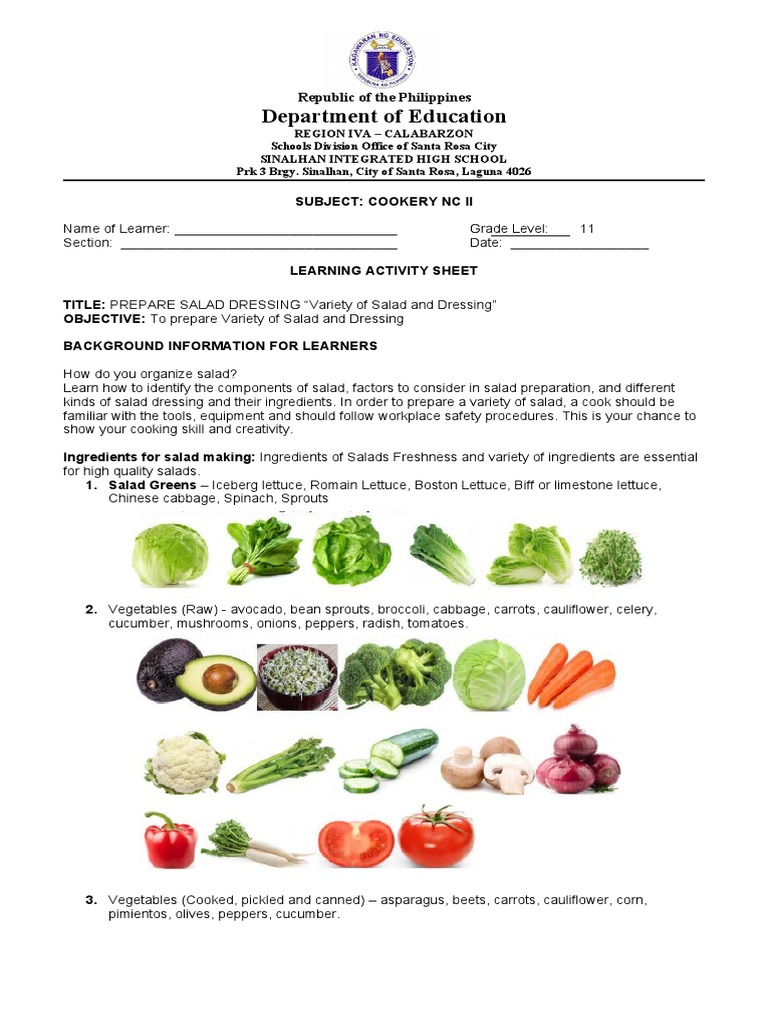 Las Q2-Week 2-Tvl-Cookery NC II - Grade 11 | PDF | Salad | Mayonnaise