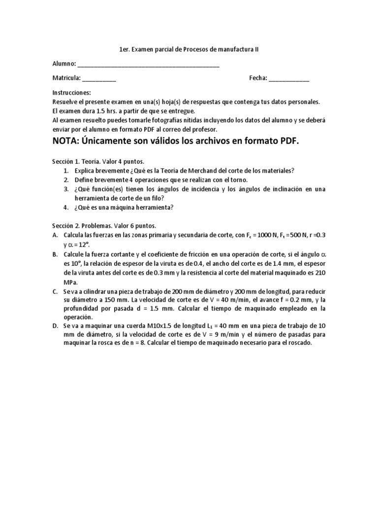 1er Examen Parcial Procesos de Manufactura II Trimestre | PDF