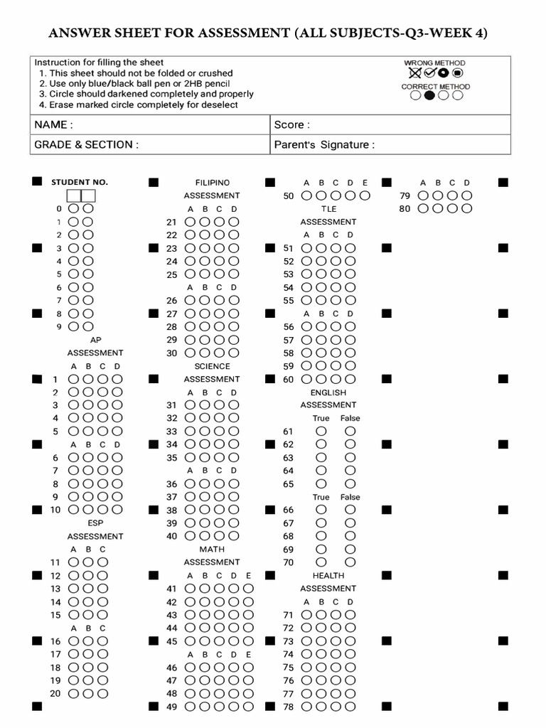 Answer Sheet For Assessment (All Subjects-Q3-Week 4) : Name | PDF