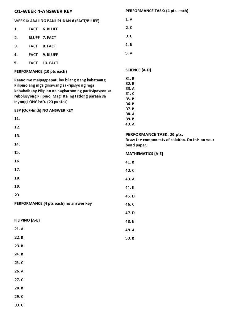 Q1-Week 4-Answer Key: PERFORMANCE TASK: (4 Pts. Each) | PDF