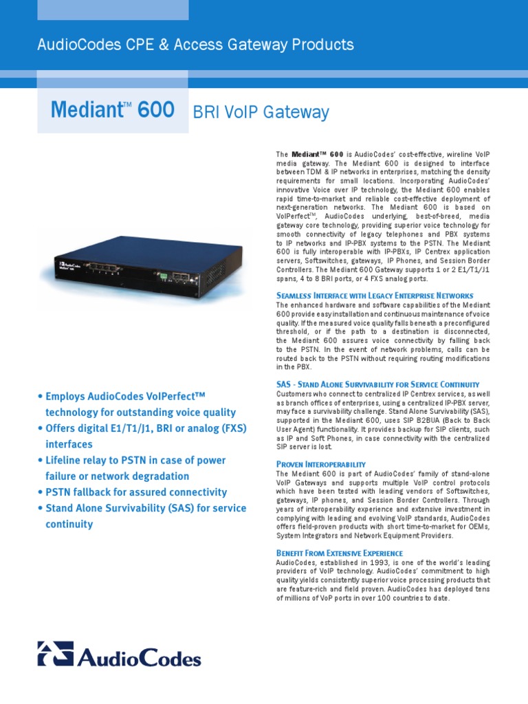 Mediant 600: Bri Voip Gateway | PDF | Voice Over Ip | Session Initiation Protocol