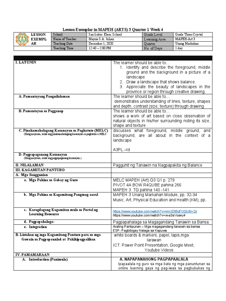 Grade 3 MAPEH (Art) Q1 Week 4 - JULIAN, MAYRIE Cot | PDF