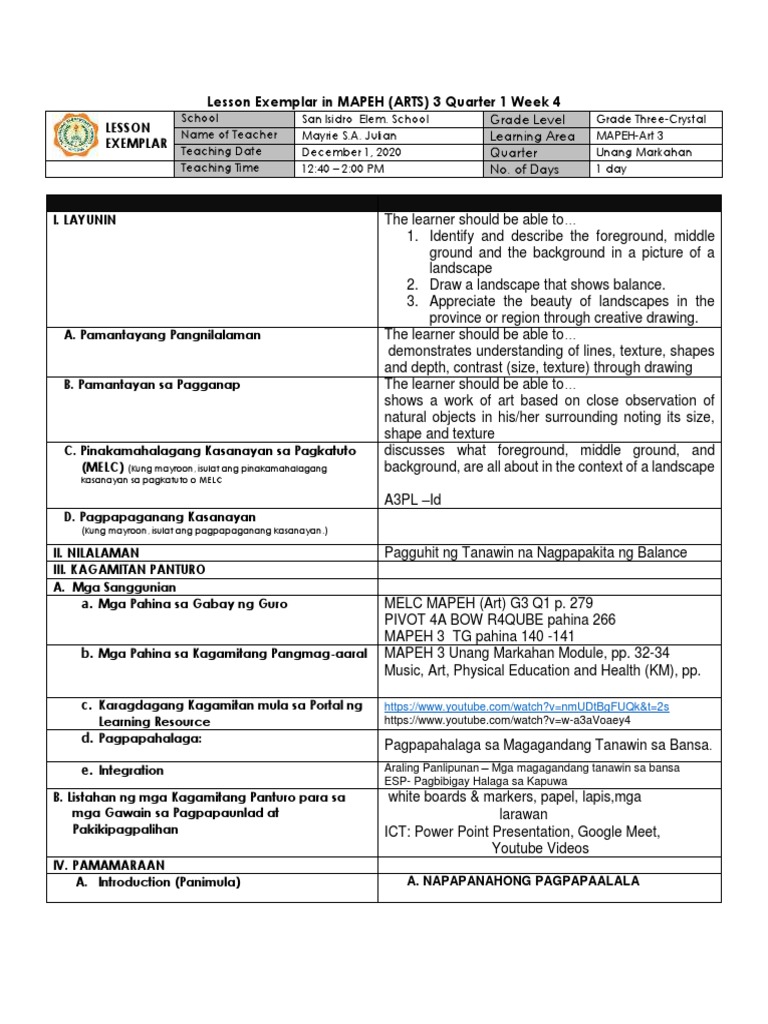 Grade 3 MAPEH (Art) Q1 Week 4 - JULIAN, MAYRIE Cot Page 1 | PDF ...