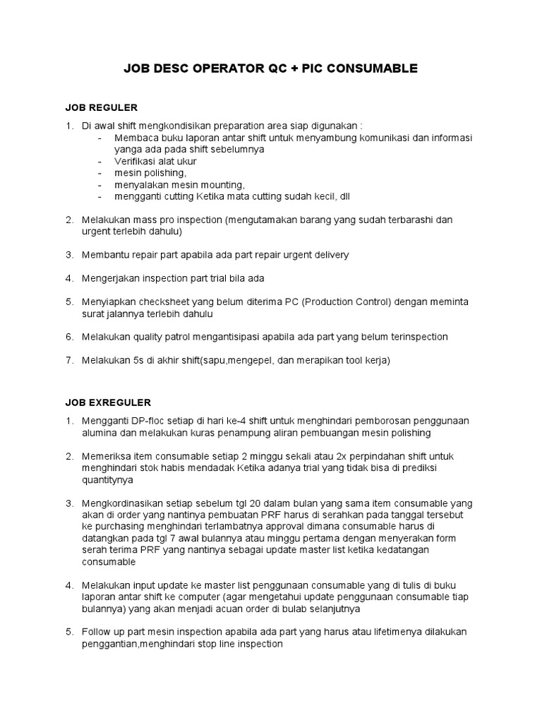 Job Desc Operator QC | PDF | Teknologi & Rekayasa