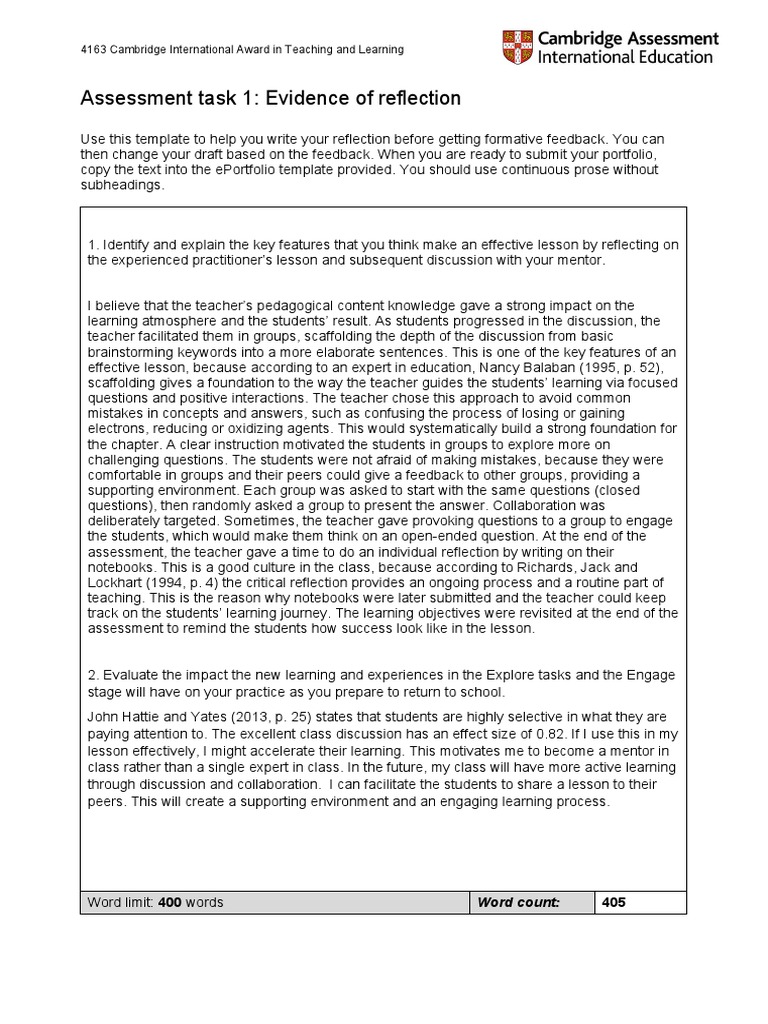 Assessment Task 1 Evidence Reflection (1) Finish | PDF | Teachers ...
