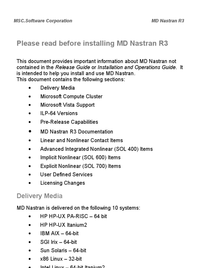 Please Read Before Installing MD Nastran R3: Delivery Media | PDF | 64 Bit Computing | System ...