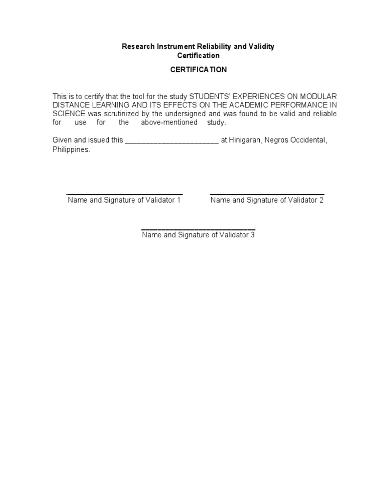 Research Instrument Reliability and Validity Certification ...