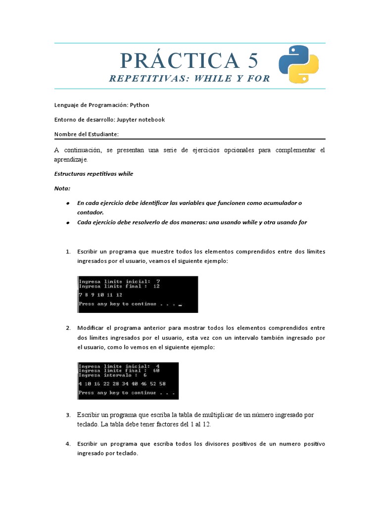 Ejercicios de Bucles en Python | PDF | Multiplicación | División (Matemáticas)