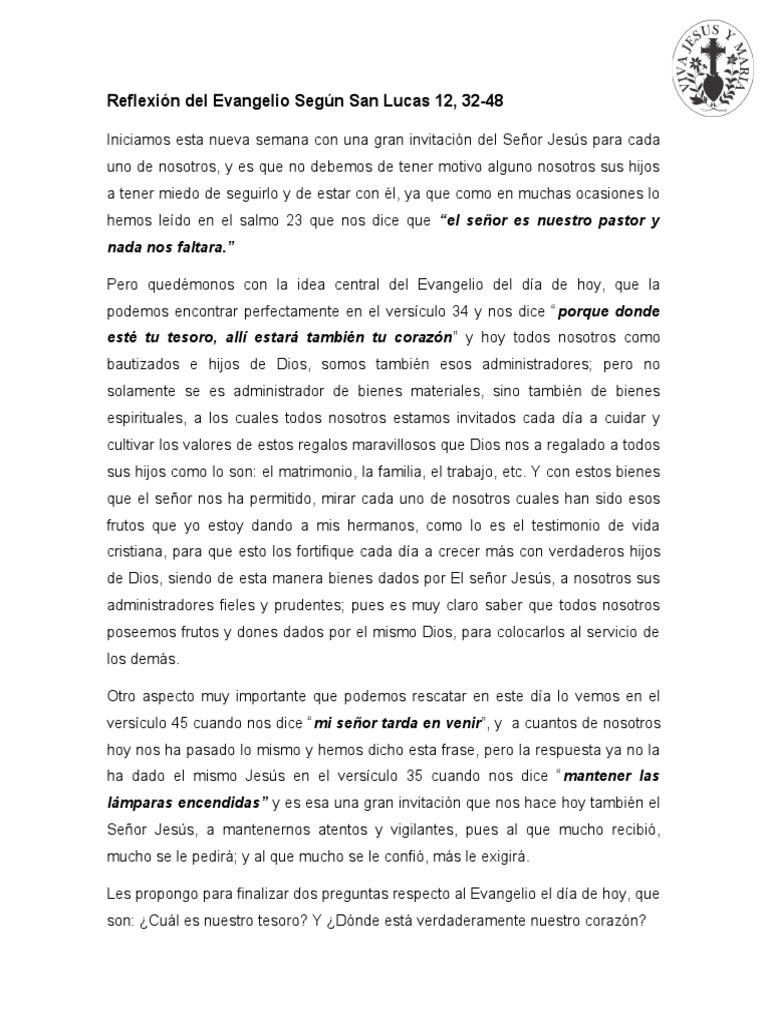 Reflexión Del Evangelio Según San Lucas 12, 32-48 | PDF