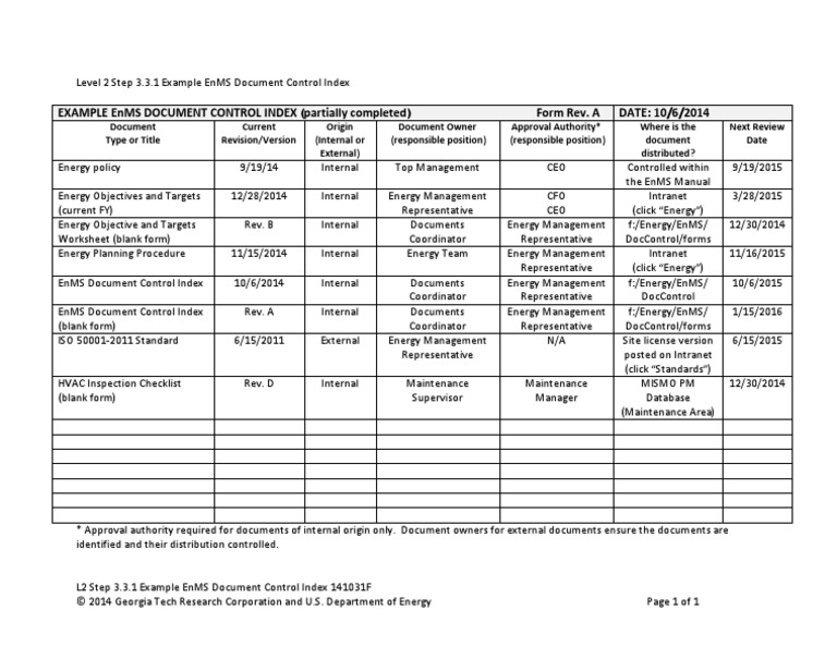 L2 Step 3 - 3 - 1 Example EnMS Document Control Index | PDF | Energy ...