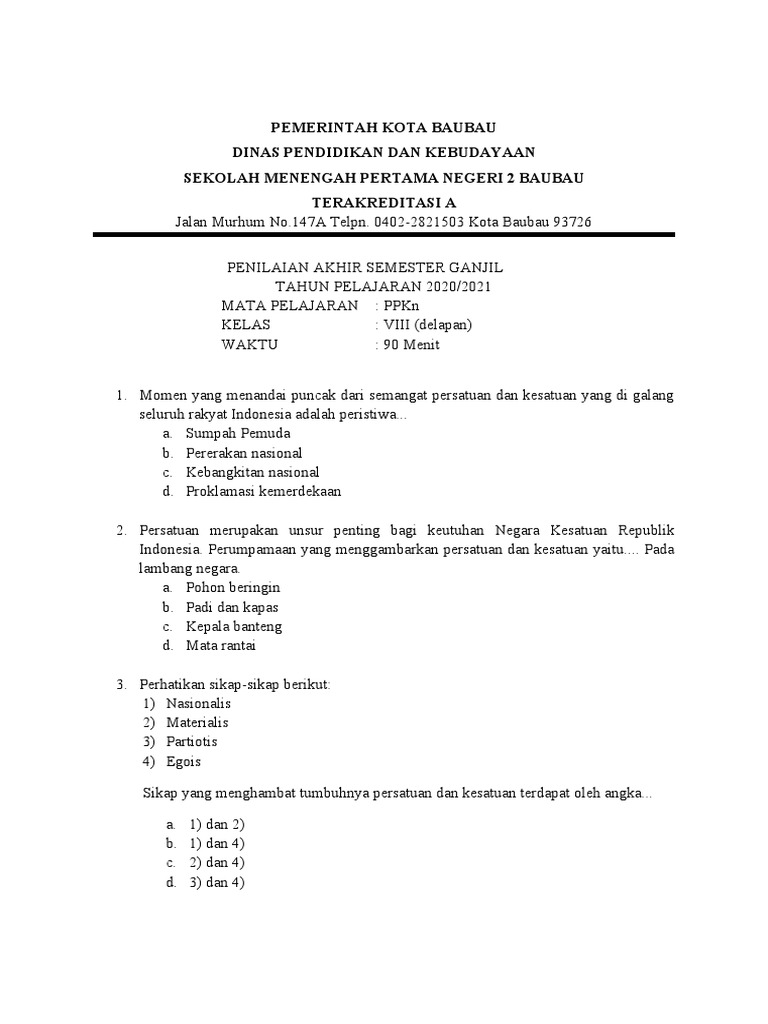 Ujian PPKN Kls - VIII | PDF