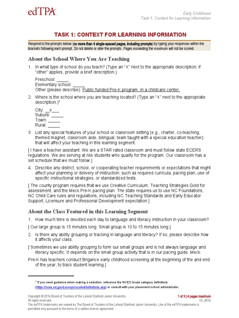 Edtpa Early Childhood Context For Learning | PDF | Individualized ...