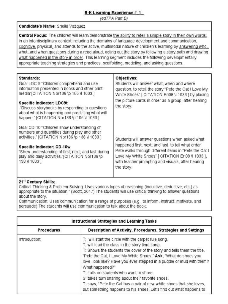 Early Childhood Edtpa Lesson Plan | PDF | Language Development ...