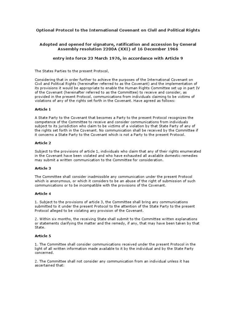 ICCPR First Optional Protocol Overview | PDF | Treaty | Ratification