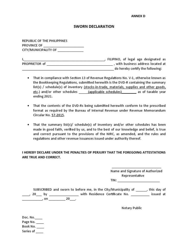 Sworn declaration for inventory and schedules submission | PDF